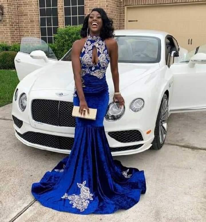 Sirian Blue Nyle Velvet Mermaid Halter Gown w Hand Sewn Gold Lace ...